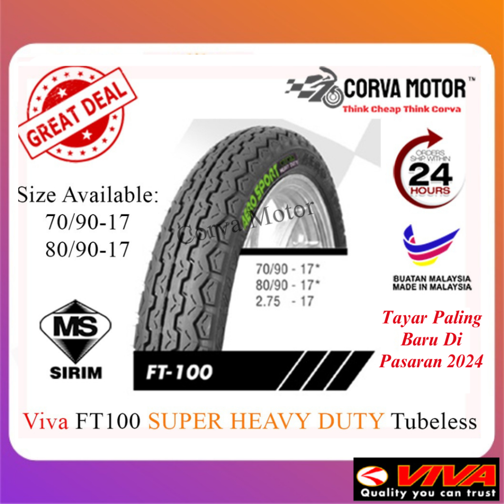 Corva Motor Tayar Viva Tubeless Tyre Ft100 Super Heavy Duty Bunga TT100 ...