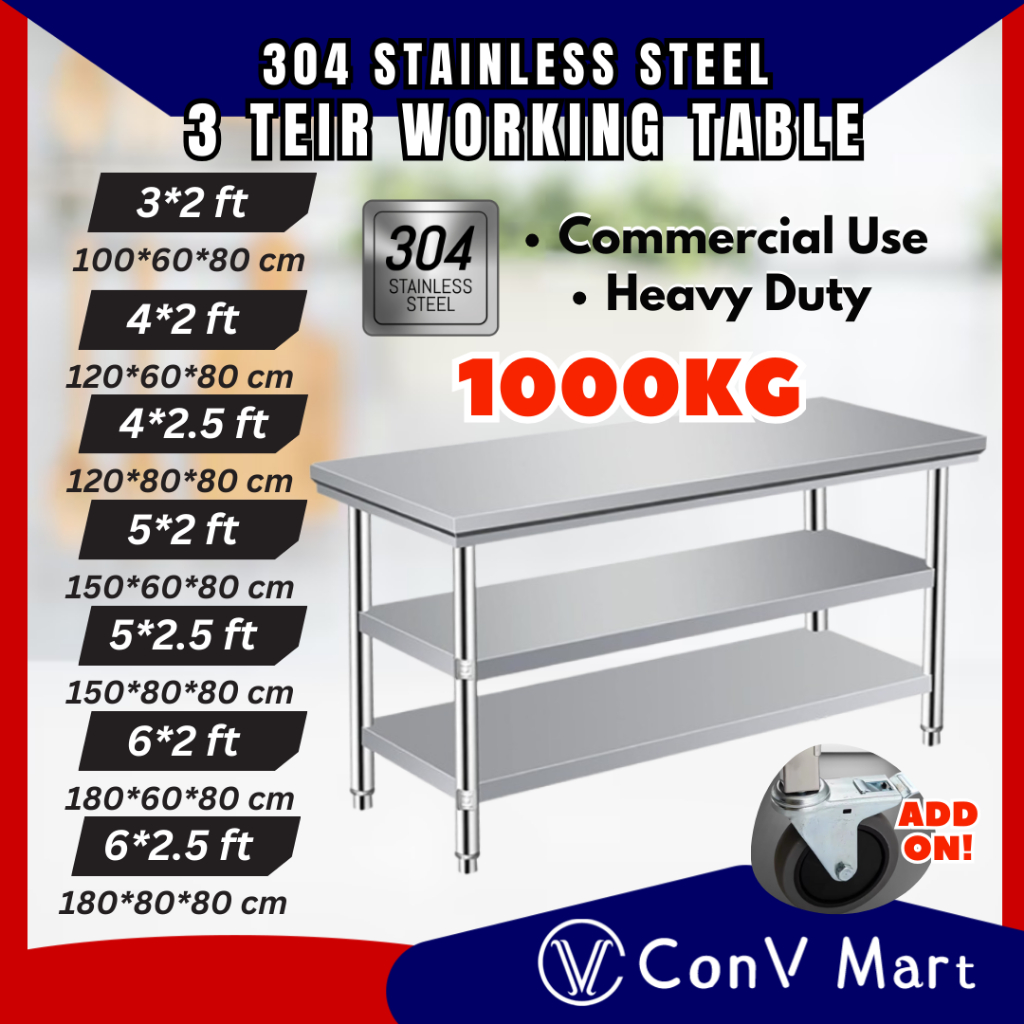 【3 Tier 120/150/180cm (3/4/5/6FT)】Stainless Steel Working Table Meja Dapur Meja Kerja 3 Tingkat ...