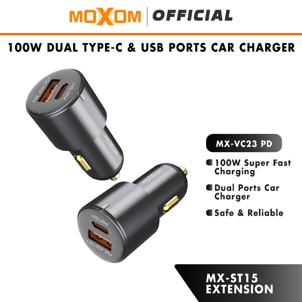 MOXOM 100W Dual Type-C & USB Ports Car Charger MX-VC23 PD | Shopee Malaysia