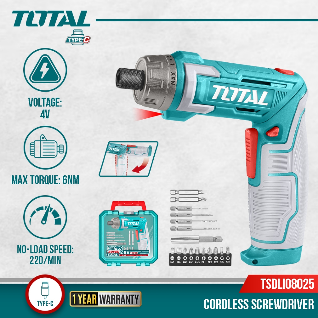Total Lithium-Ion cordless screwdriver 6NM 8V - TSDLI08025 | Shopee ...