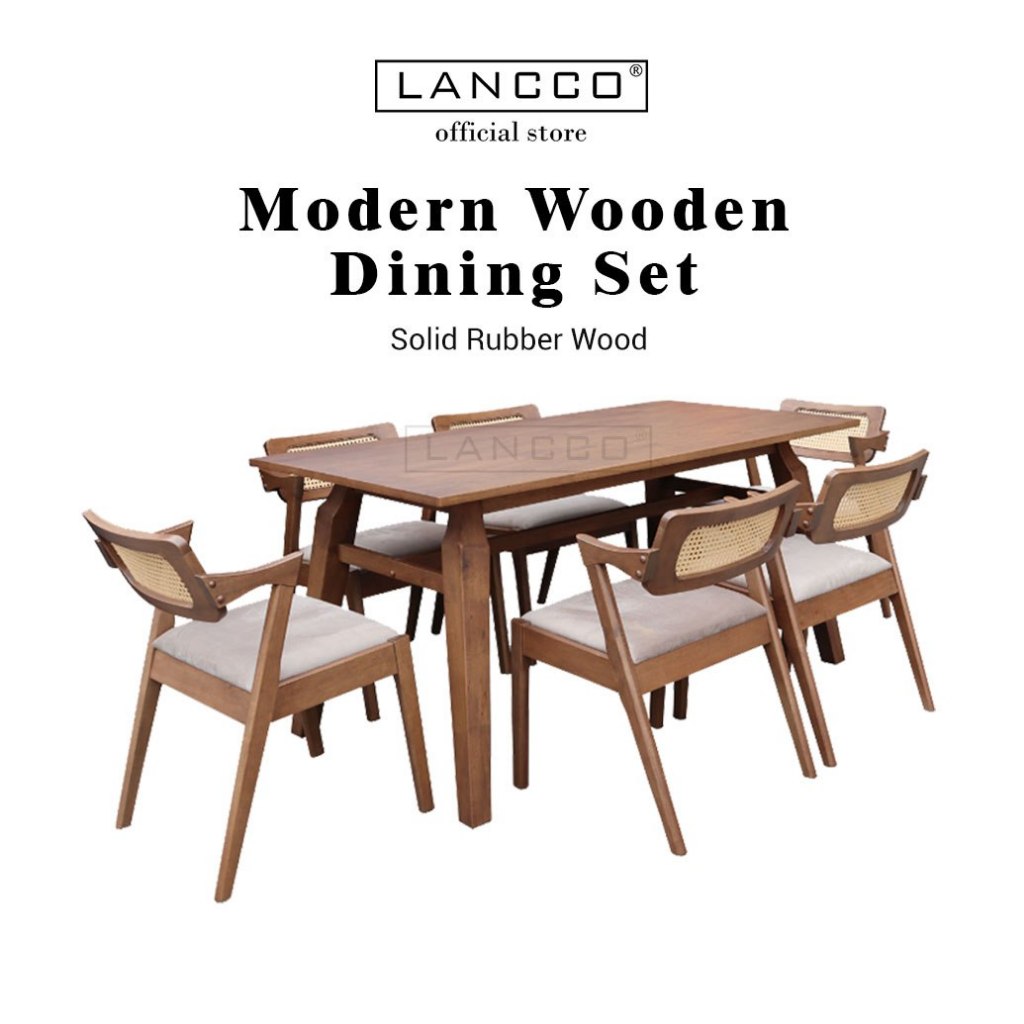 LANCCO Modern Wooden Dining Set/ Solid Rubber Wood/ Ready Stock/ Meja Makan/ Rattan Design ...