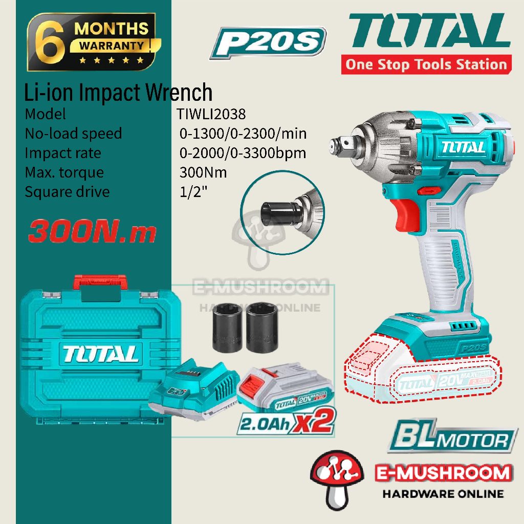 Total TIWLI2038 Li-Ion Cordless Impact Wrench Brushless Motor 20V ...