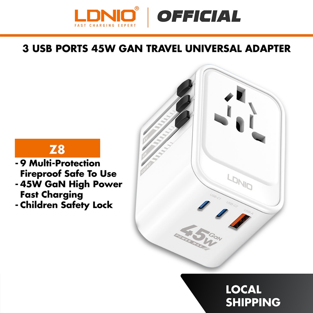 LDNIO Z8 3 USB Ports Gan Travel Universal Adapter Power Strip Extension ...
