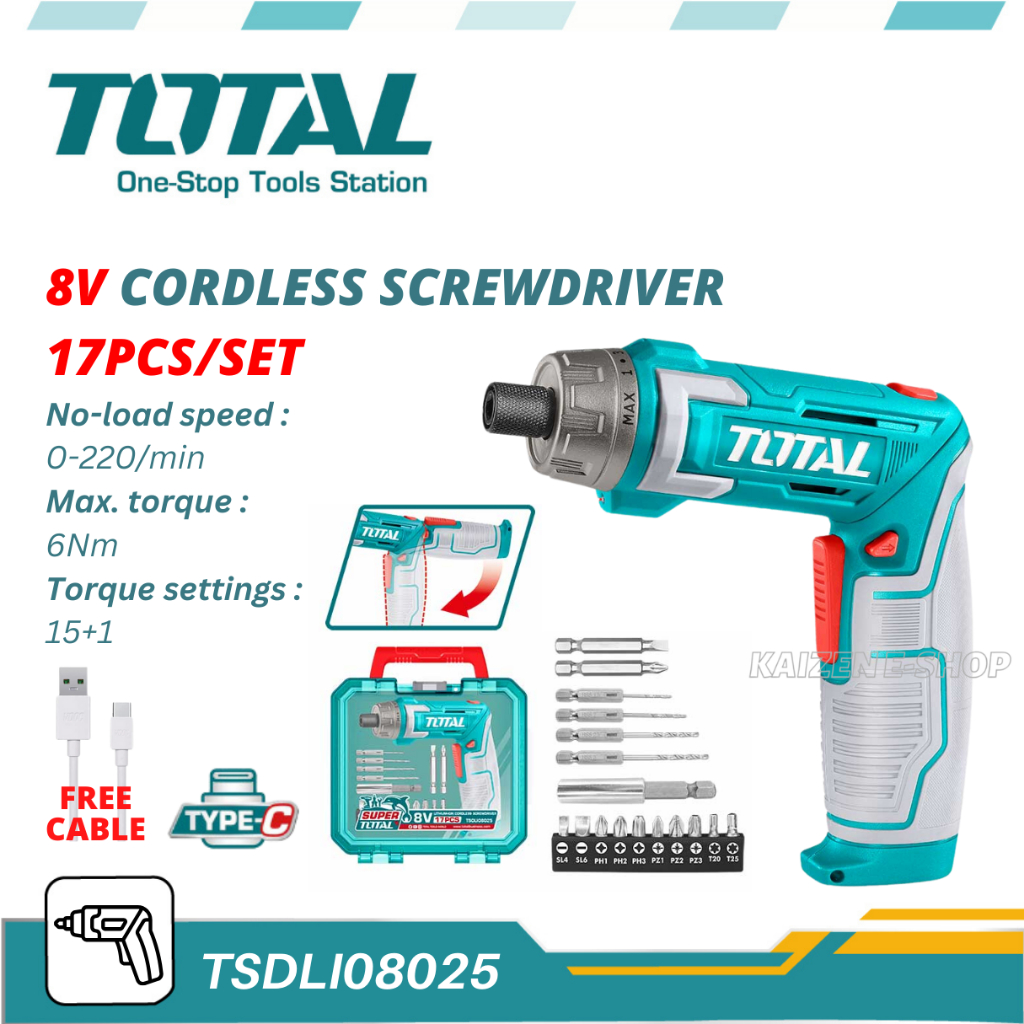 TOTAL TSDLI08025 8V Li-ion Cordless Screwdriver 6 N.M + FREE CABLE ...