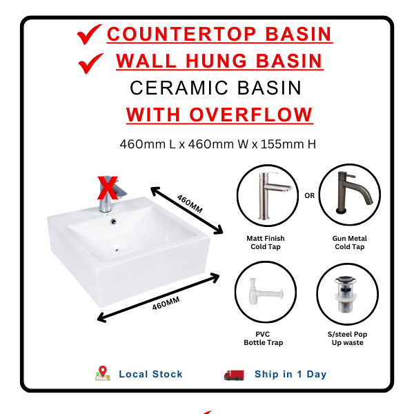 460mm Premium Modern Ceramic White Square Wall Hung Basin Counter Top ...