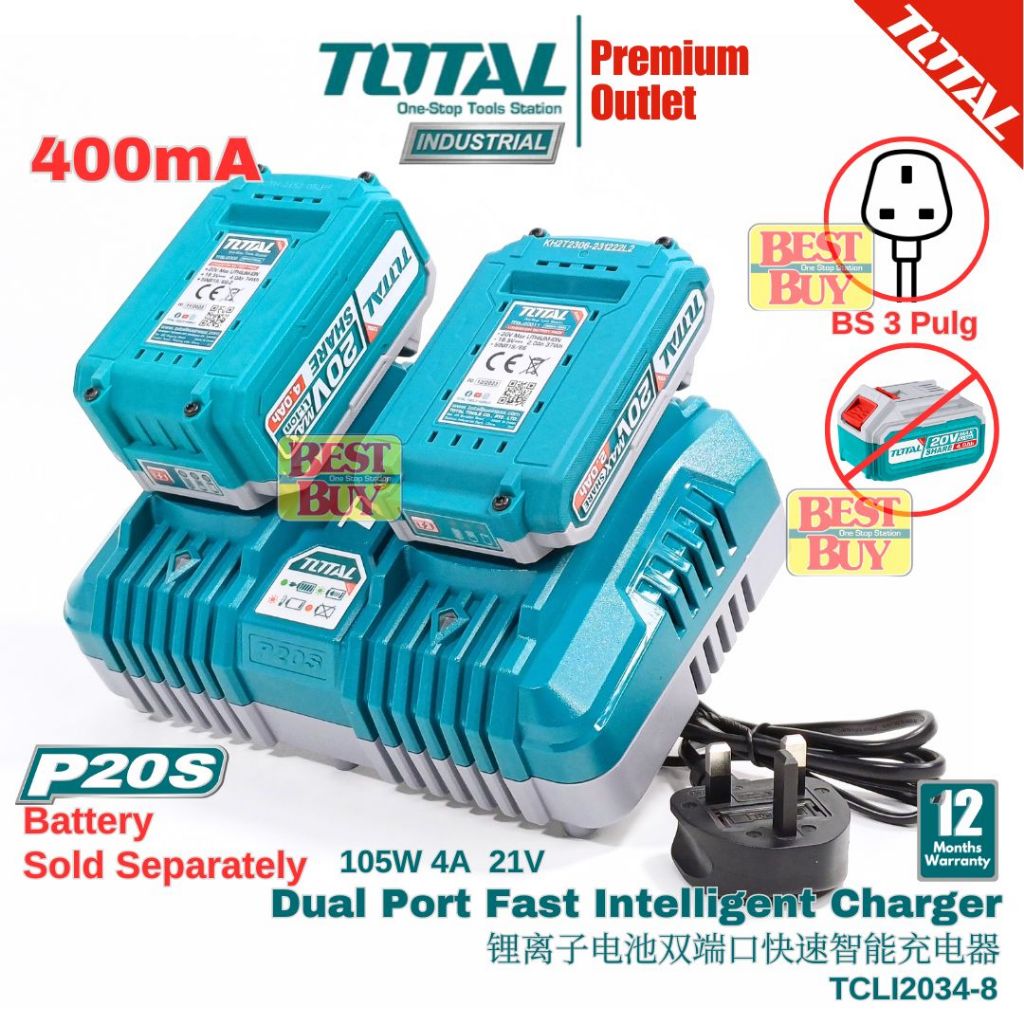 TOTAL Tools P20s 20V series Dual Port Fast Intelligent Charger 4A 105w ...