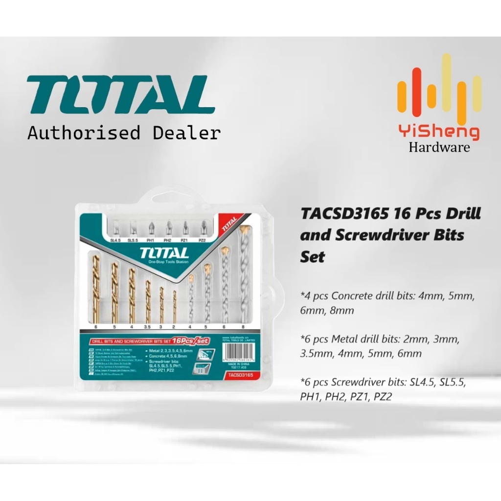 TOTAL TACSD3165 16pcs Drill & Screw Bit for Metal / Concrete | Shopee ...