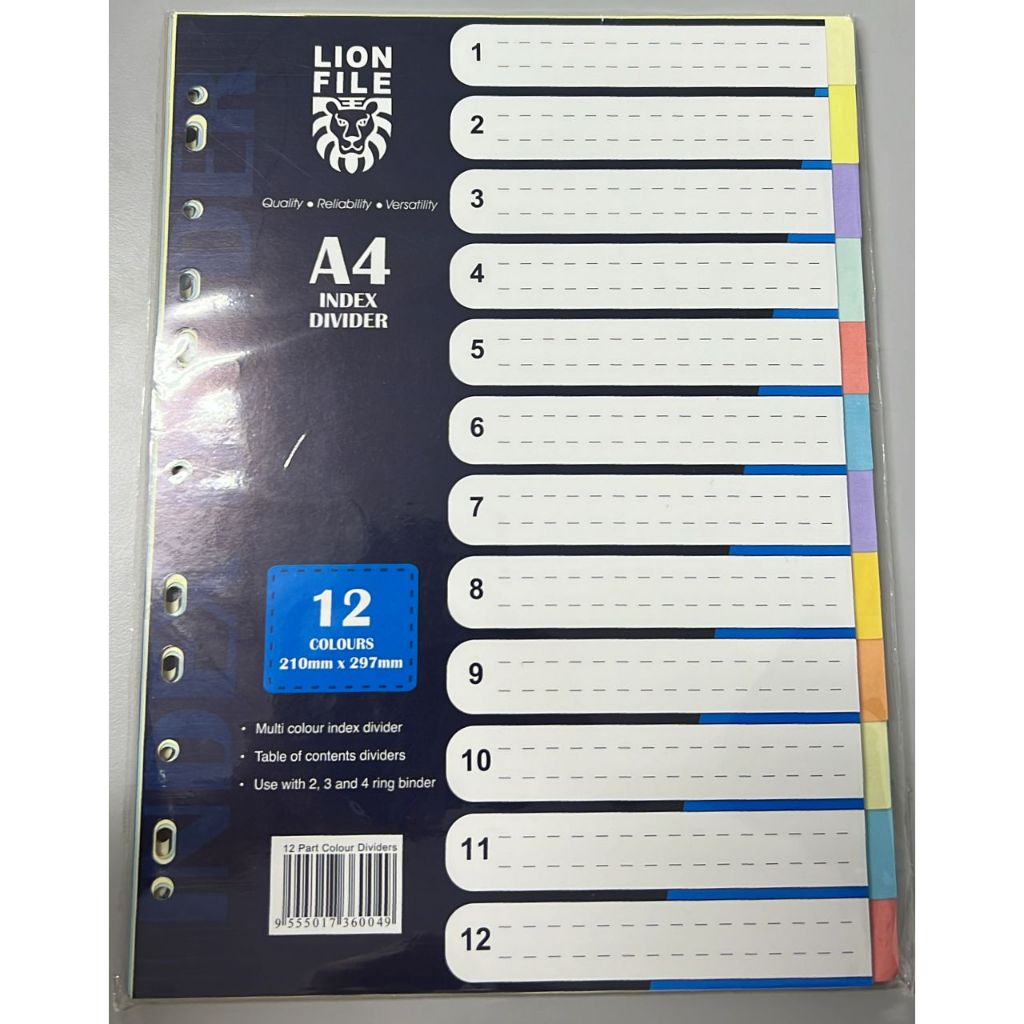LION FILE - A4 INDEX DIVIDER (12 COLOUR) 210MM X 297MM | Shopee Malaysia