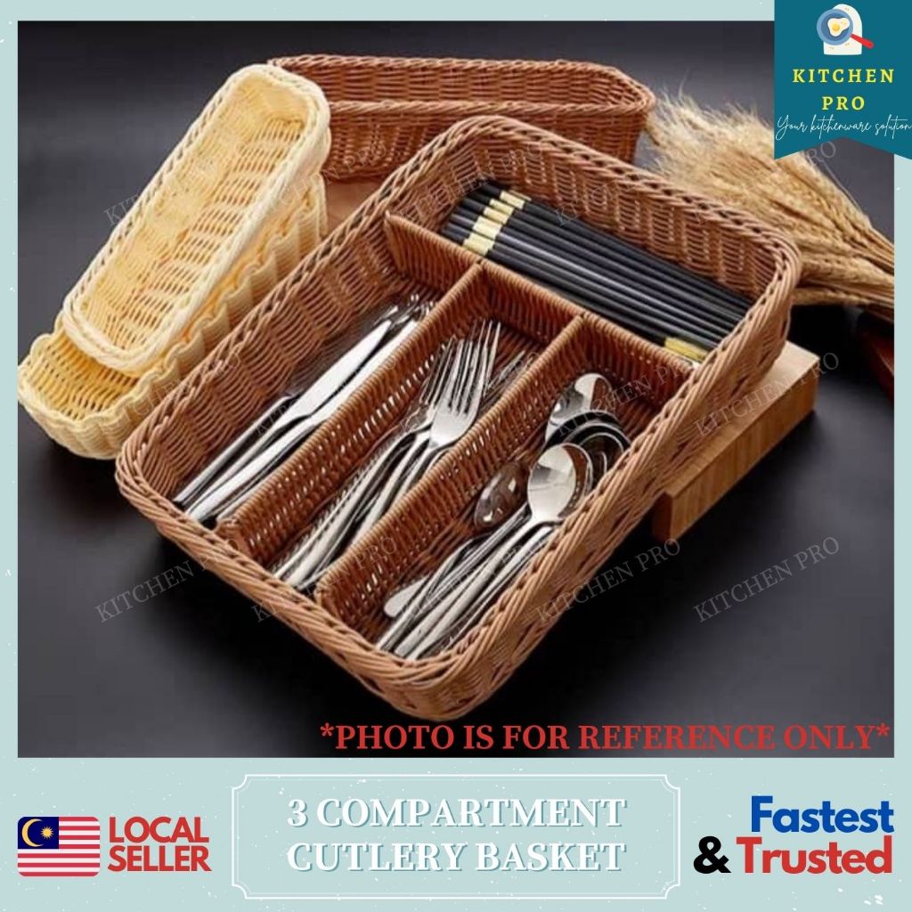 𝐊𝐈𝐓𝐂𝐇𝐄𝐍 𝐏𝐑𝐎 | Rattan Cutlery Basket With 3 Compartment Organizer ...