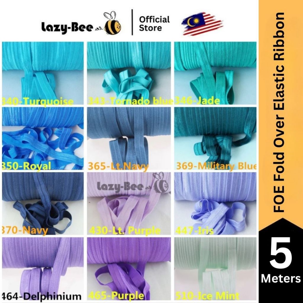 LAZY BEE 5 meter 1.5cm Plain Colour FOE Fold Over Elastic Ribbon DIY ...
