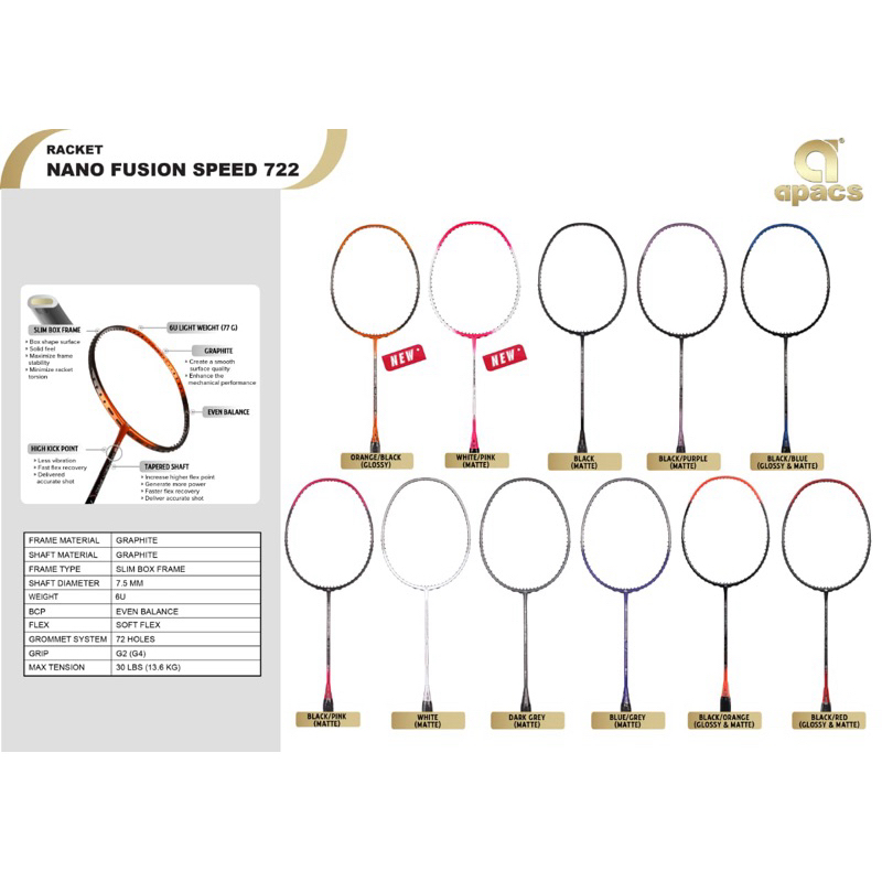 (Buy 1 Free 1) Apacs Nano Fusion Speed 722 Badminton Racket (Free Felet ...