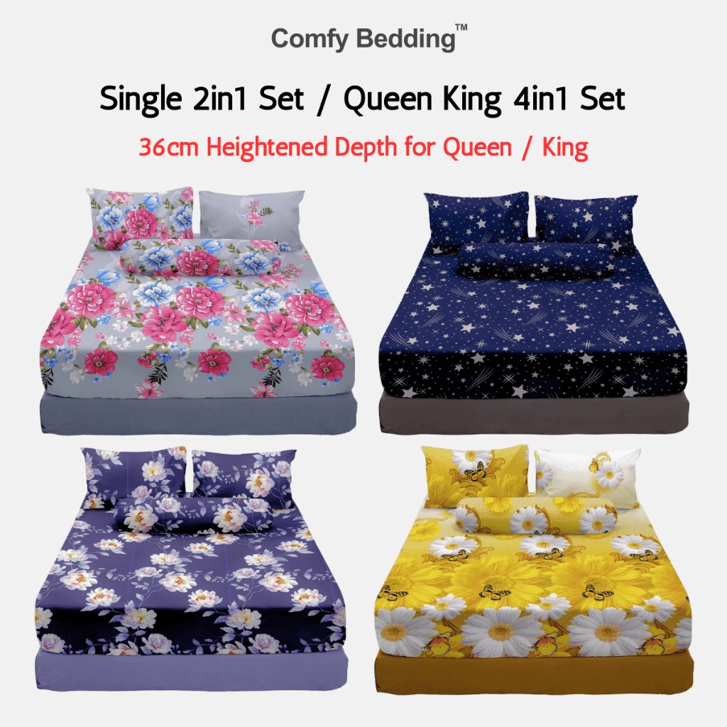 Premium Bed Sheet 4in1 Queen King / 2in1 Single Size Bedding Bedsheet ...