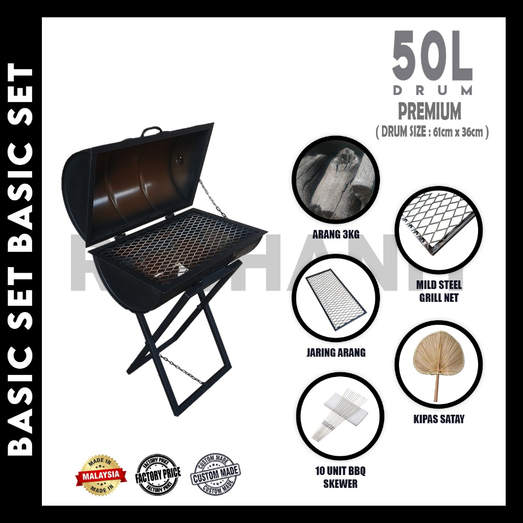 BBQ Grill Outdoor Drum Set Tong Drum 50L BBQ Set Complete With Grill Net Medium Size (Full Set ...