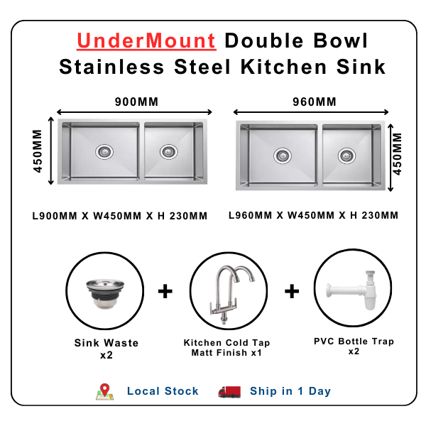 Full Set 900mm 960mm Stainless Steel Under mount Kitchen Sink Double ...