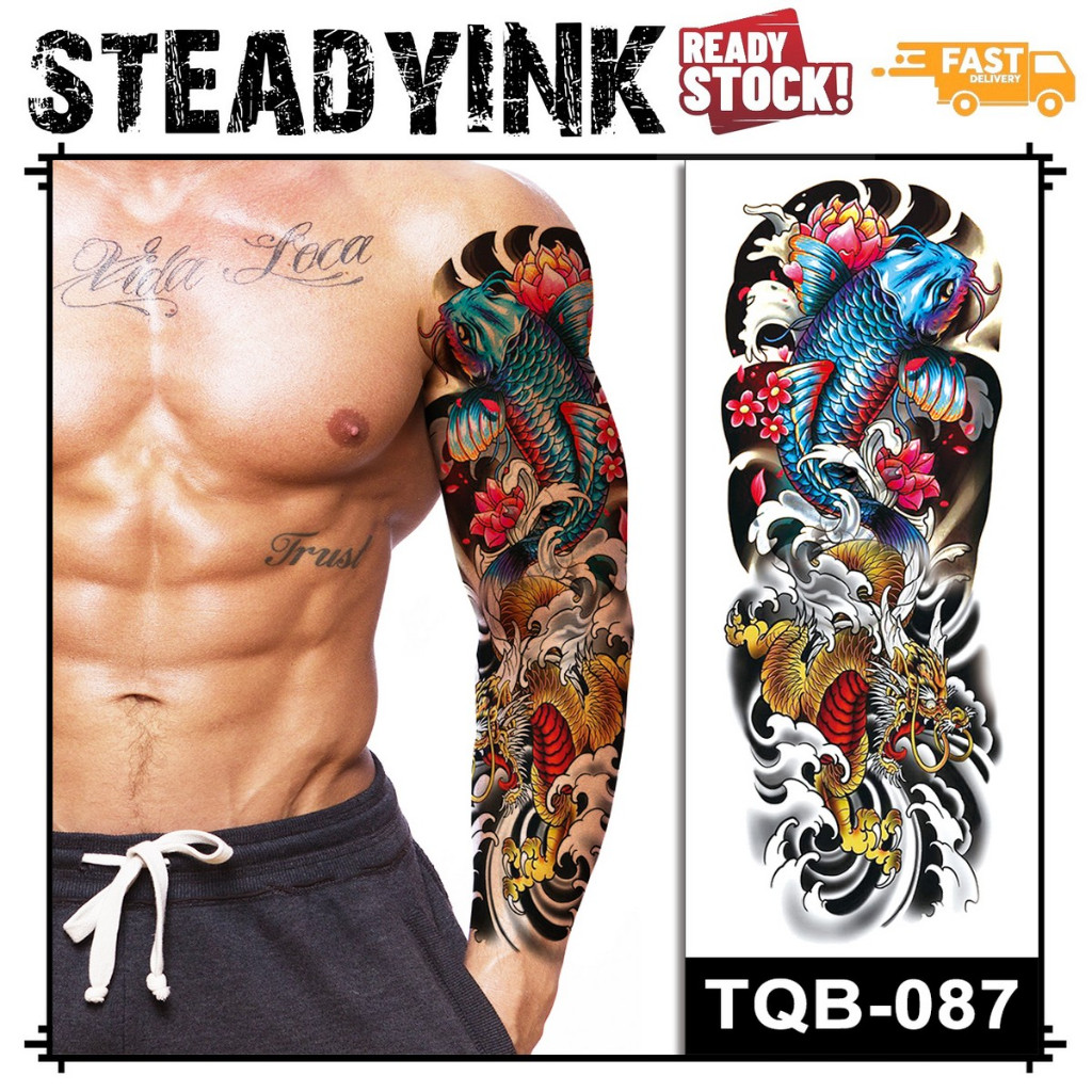 [𝚂𝚝𝚎𝚊𝚍𝚢𝙸𝙽𝙺] Temporary Tattoo Sticker Tatu| Full Sleeve Japanese Koi ...