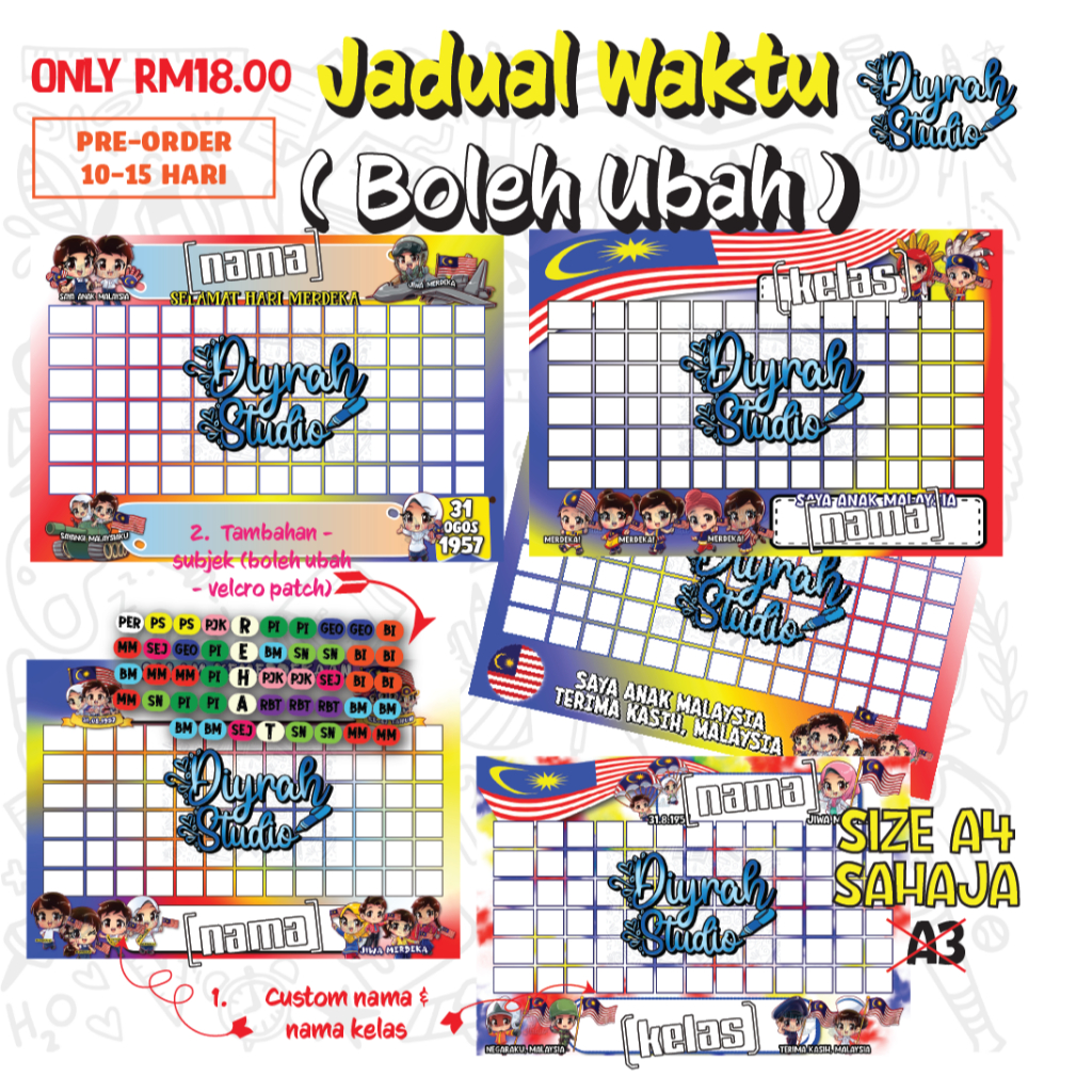 Jadual Waktu Kelas ( Subjek Boleh Ubah ) , Boleh custom nama , nama ...