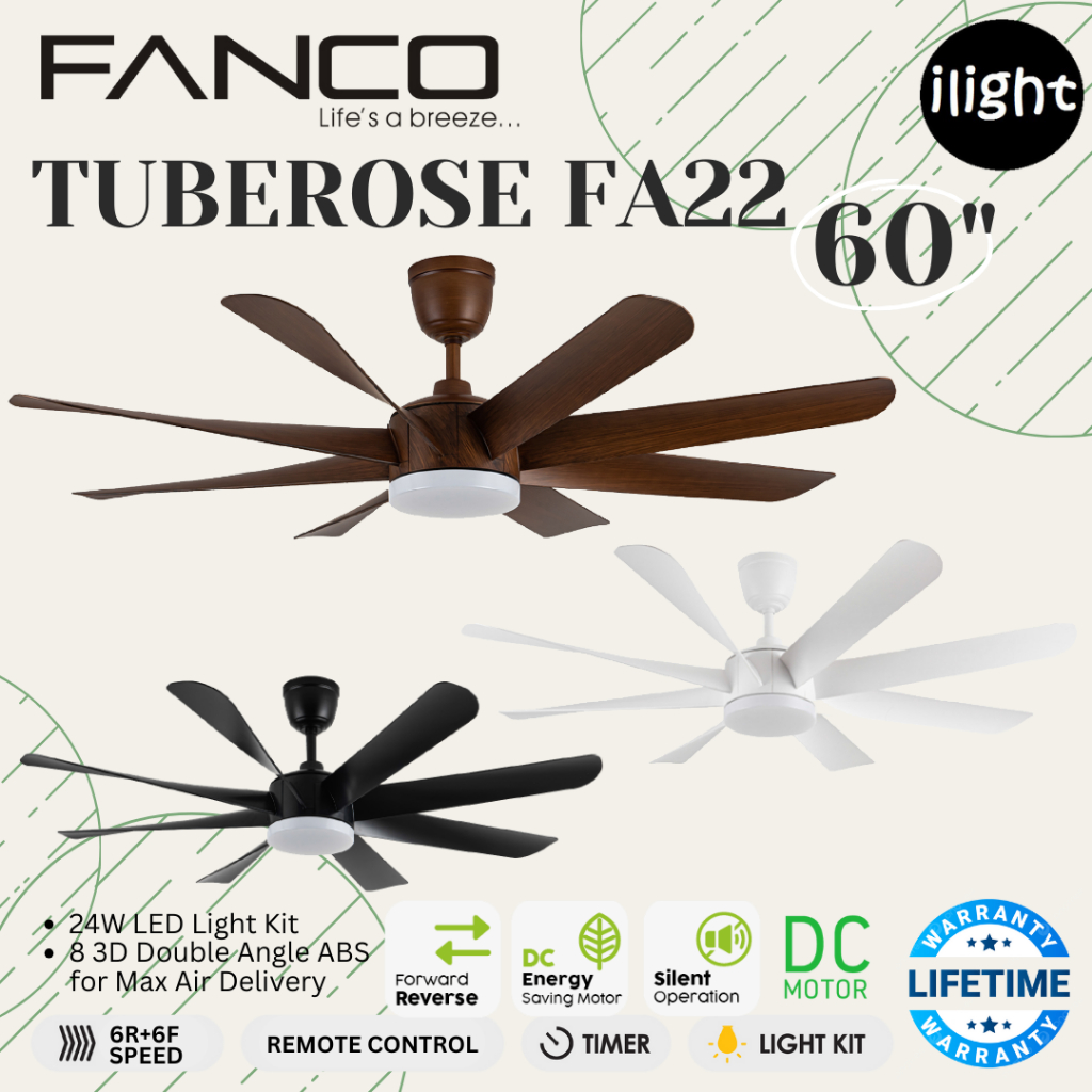 FANCO Tuberose FA22 60 Inches 8 ABS Blade DC Motor 3C 24W LED 6R 6F ...