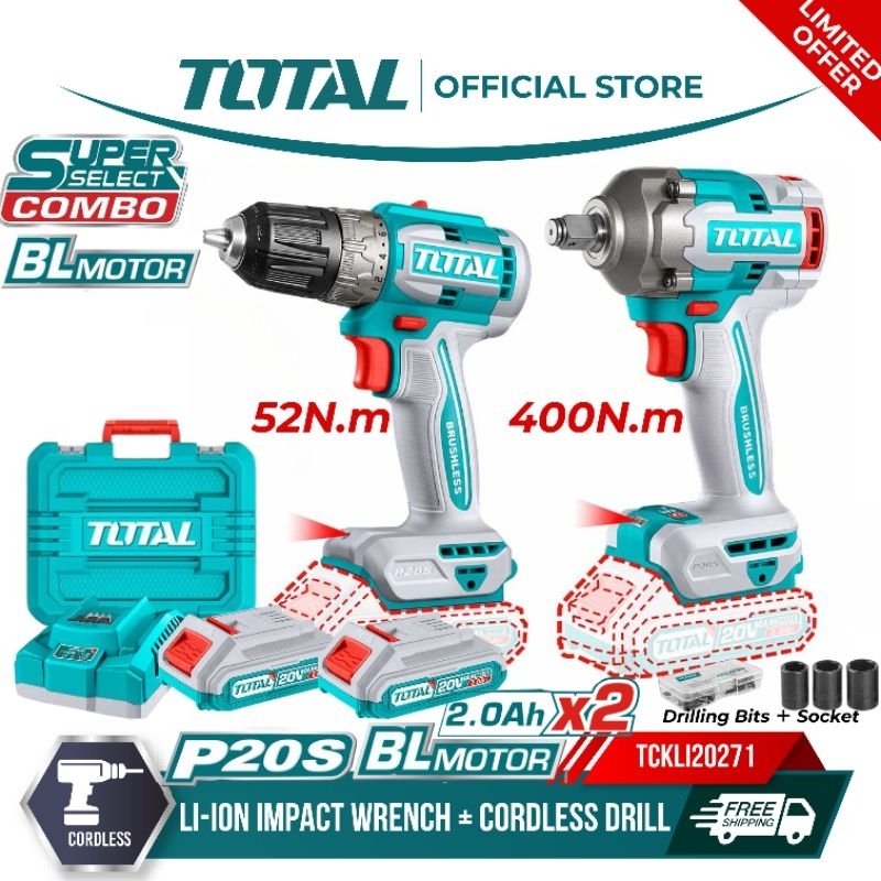 Total Li-ion Cordless Brushless Drill 52Nm & Brushless Impact Wrench 400Nm Combo TCKLI20271 ...