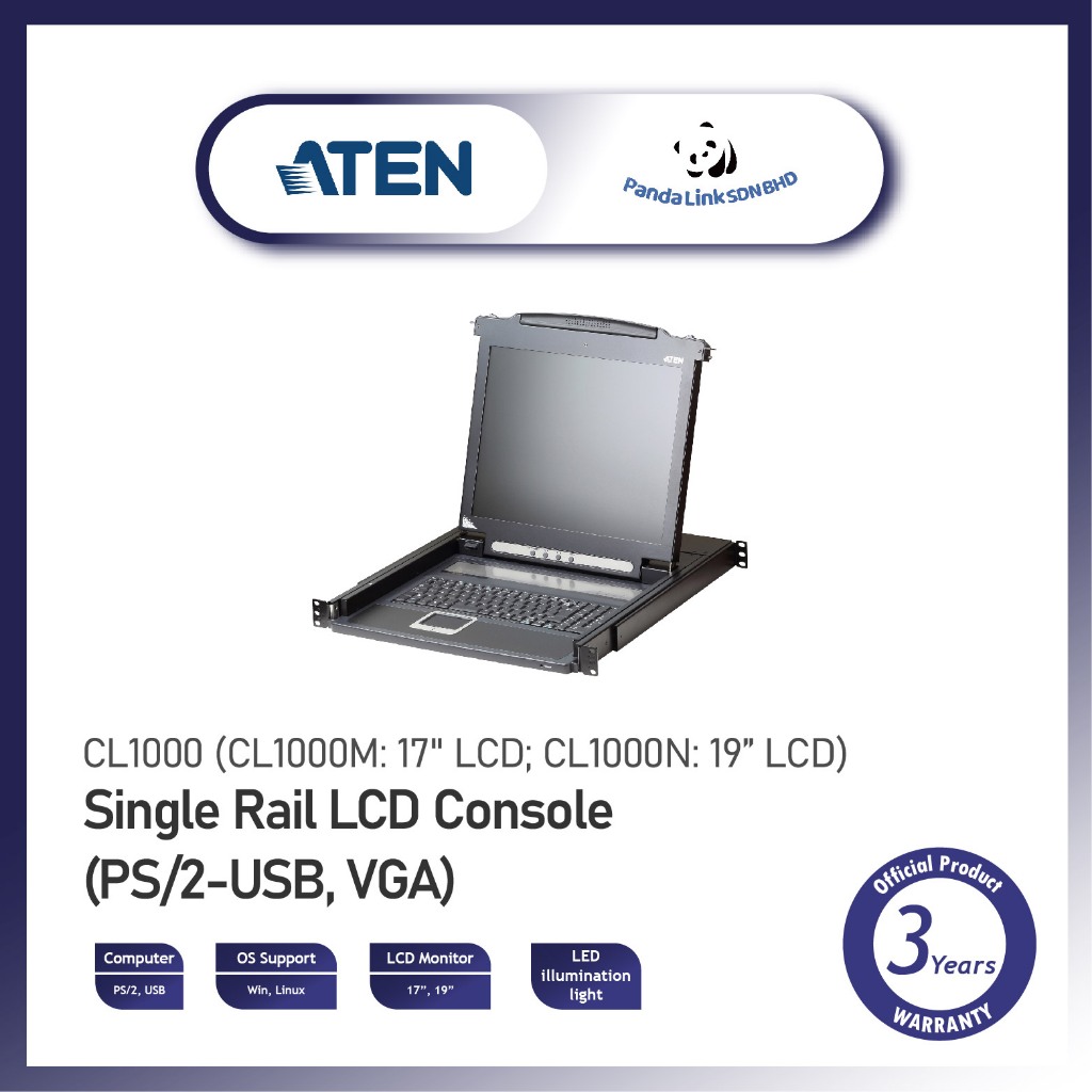 ATEN CL1000 Single Rail LCD Console Switches (PS/2-USB, VGA) [17" LCD ...