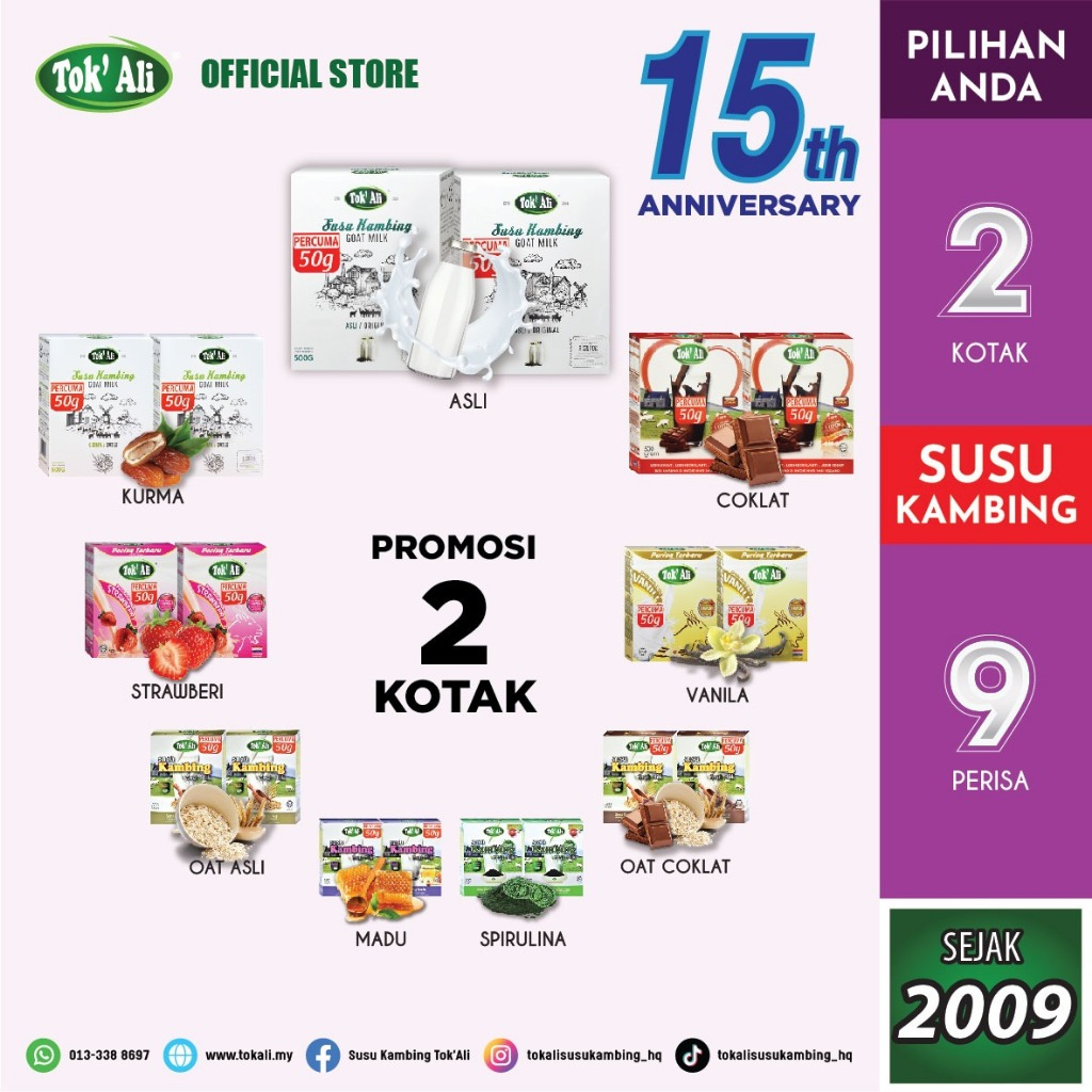 TOK' ALI SUSU KAMBING (ASLI, KURMA, COKLAT, STRAWBERI, VANILA, OAT ASLI, OAT COKLAT, MADU ...