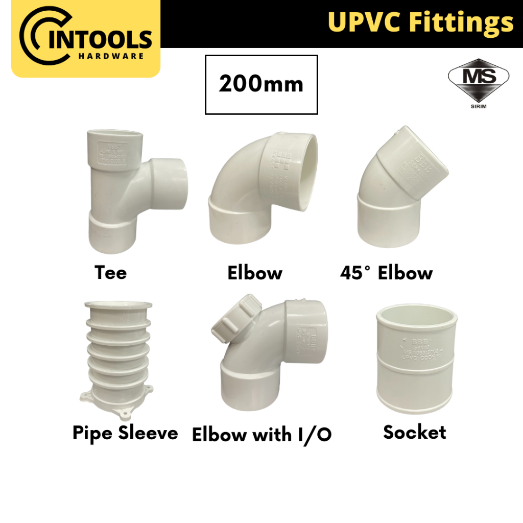 200MM UPVC BBB Pipe Fittings White Connector Elbow Socket Valve Cap Cross Tee Sleeve SIRIM ...