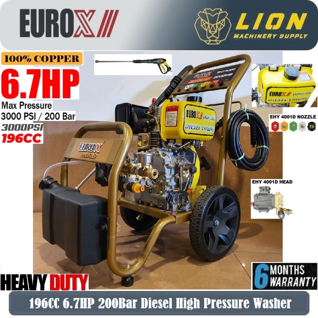 EUROX EHY4001D 196CC 6.7HP 200Bar Heavy Duty Diesel High Pressure Washer - Heavy Duty - 6 Months ...