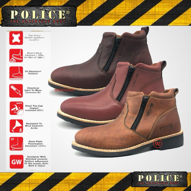 Police® Men’s Premium Leather Ragen A Shape Steel Toe Safety Boots Shoe ...