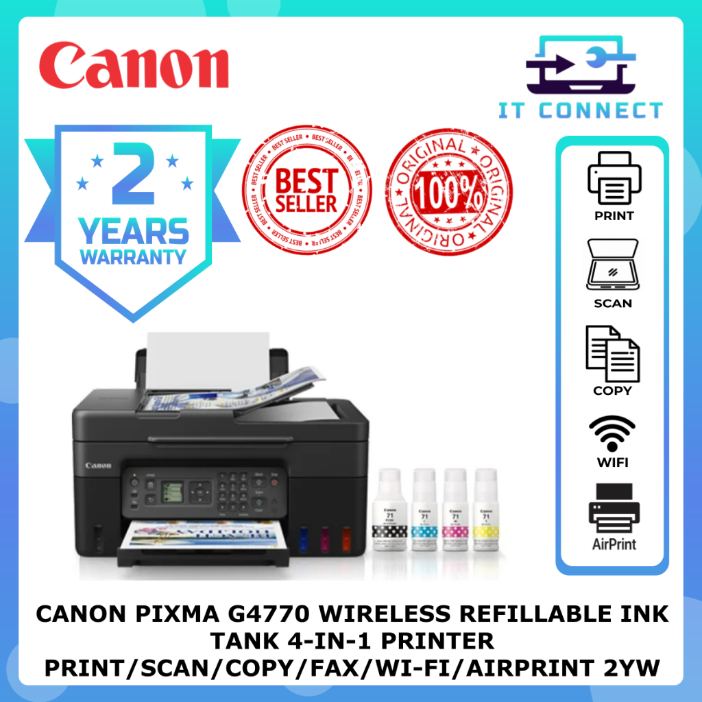 CANON PIXMA G4770 WIRELESS REFILLABLE INK TANK 4-IN-1 PRINTER / 2YW ...