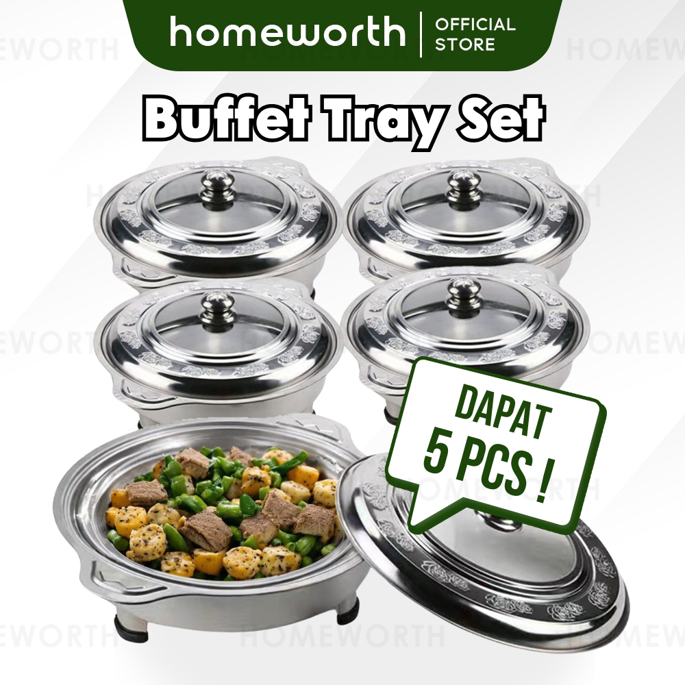 HOMEWORTH 5 PCS Round Buffet Catering Serving Tray Set Embossed Glass Stainless Steel Suitable ...