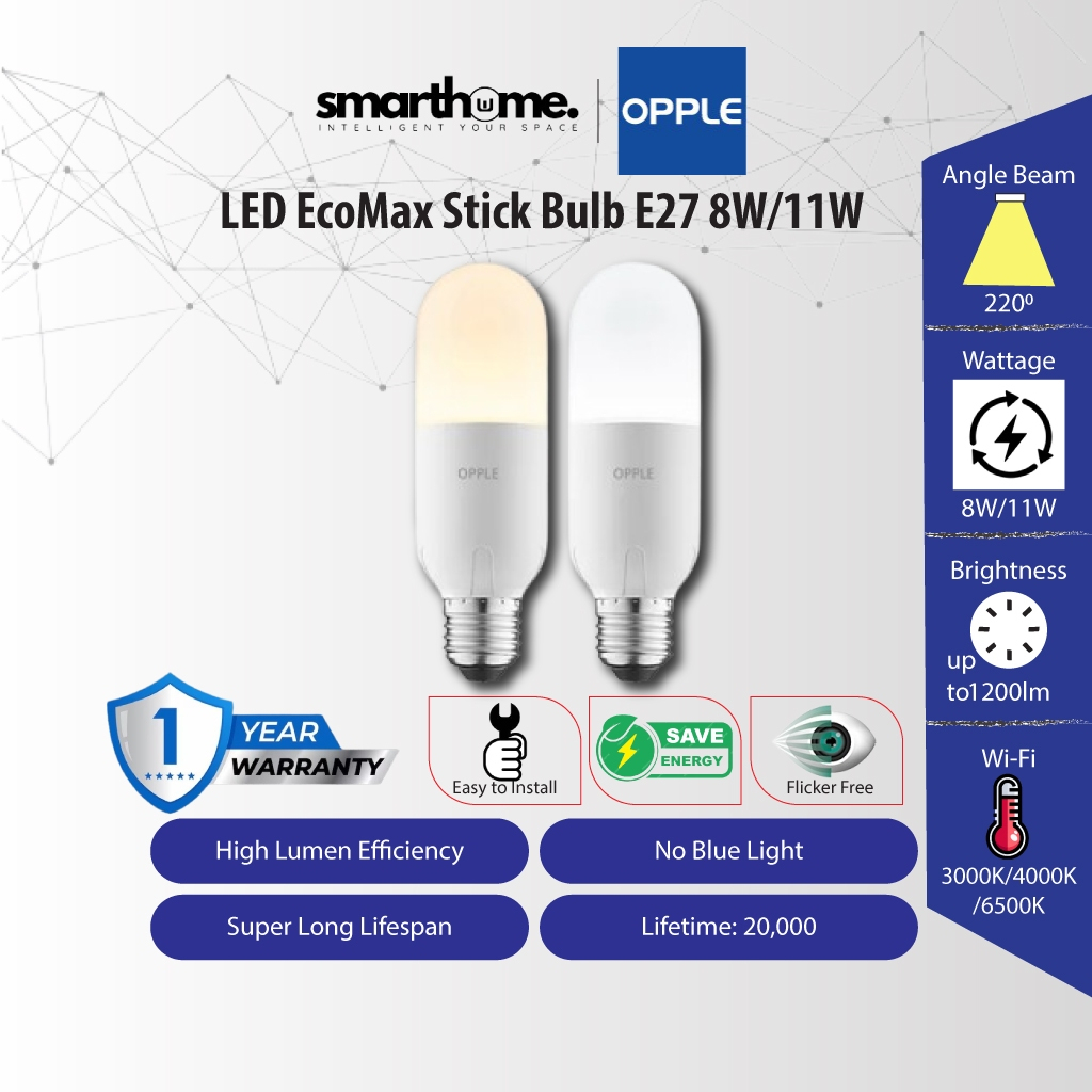 OPPLE LED EcoMax Stick Bulb E27 8W & 11W - 3000k/4000k/6500k (2 UNIT/PACK) | Shopee Malaysia