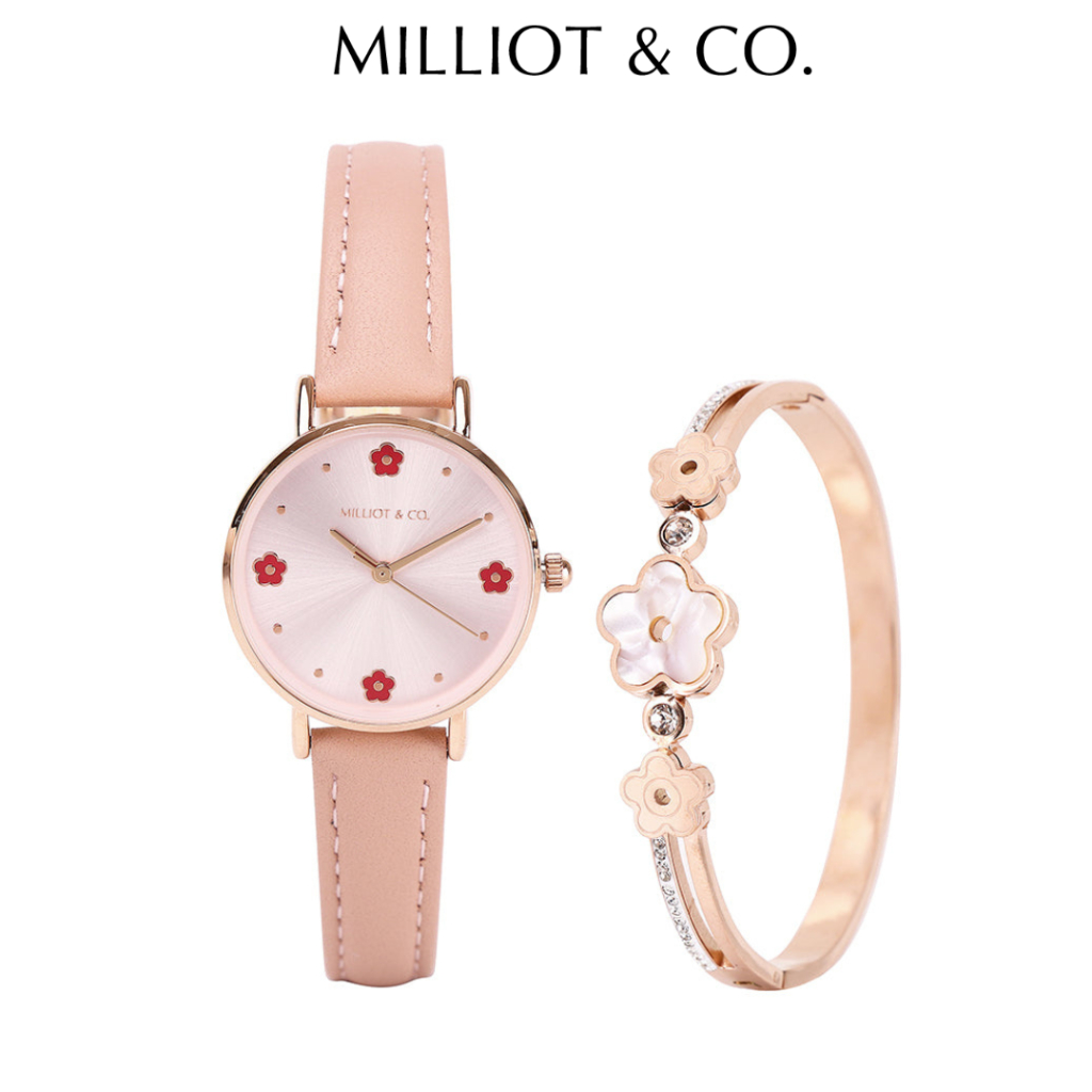Milliot & Co Susy Rose Gold Leather/Mesh Watch with Bangle Set | Shopee ...
