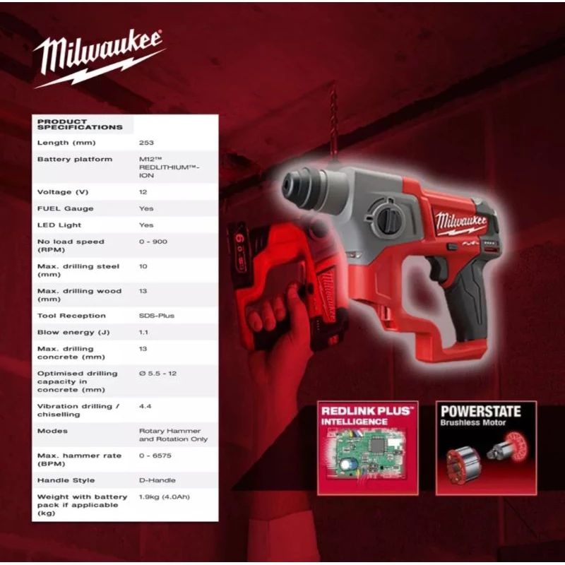 MILWAUKEE M12 CH FUEL SDS-PLUS ROTARY HAMMER DRILL (SOLO) | Shopee Malaysia