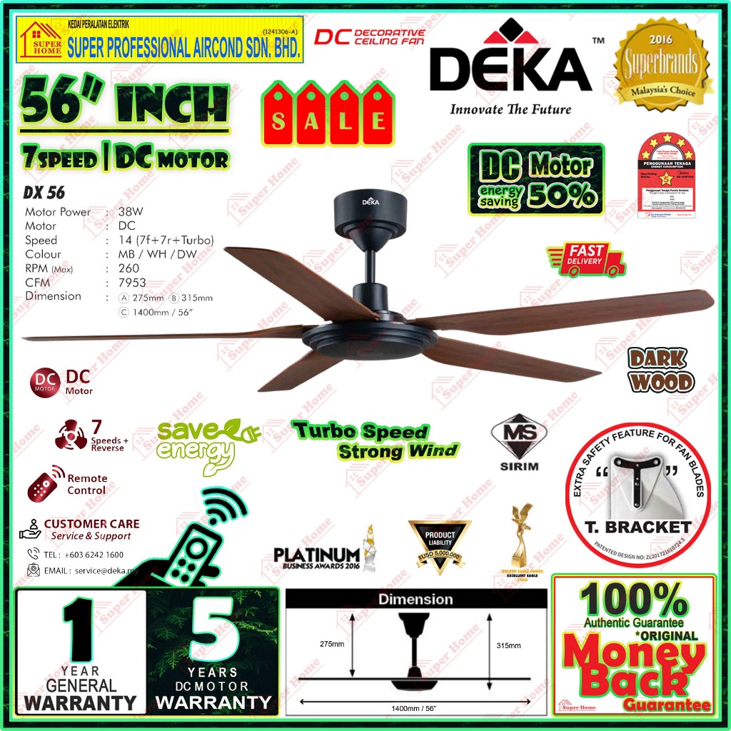 Deka Ceiling Fan DX56 DW ((7 speed)) 56 inch DC Motor Remote Control ...