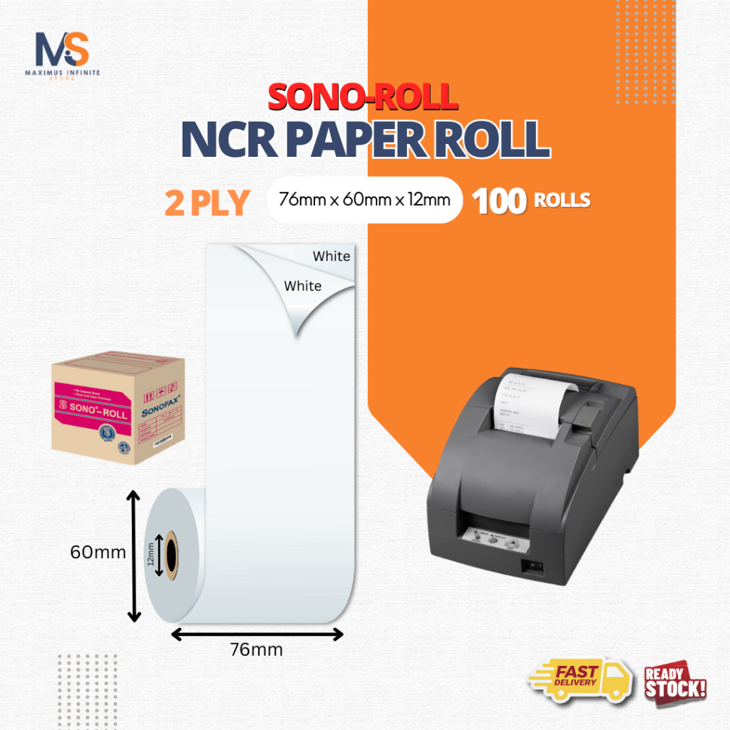NCR Paper Roll / 76mm x 60mm x 12mm / 2 Ply - 100 Rolls (White & White ...