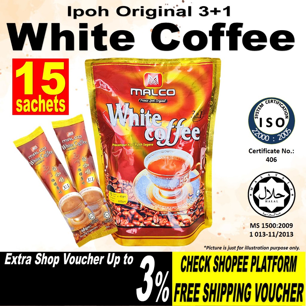 3 in 1 Ipoh White Coffee | 40gm x 15 Sachets | MALCO | HALAL | Instant | Premixed | 3 + 1 ...