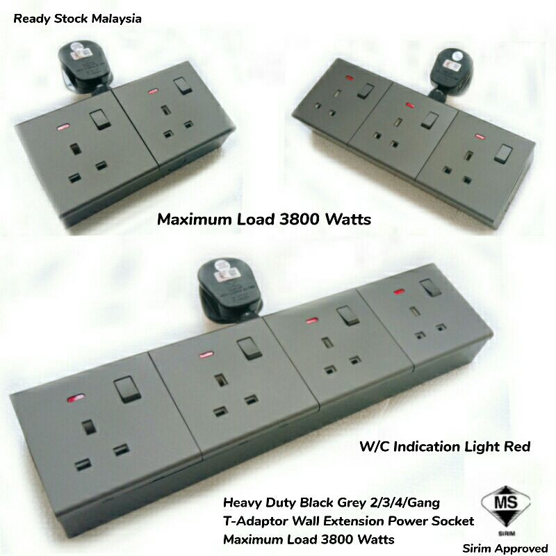 Heavy Duty 2/3/4 Gang Black Grey T-Adaptor Wall Extension Wire Power ...