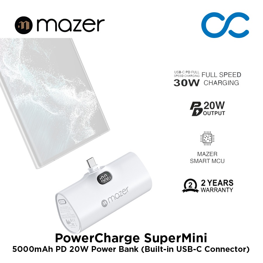 MAZER PowerCharge SuperMini 5000mAh PD 20W Power Bank (Built-in USB-C Connector) - 2 year ...