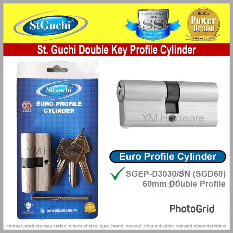 St Guchi SGEP-D3030/SN Euro Profile Cylinder Double Key 60mm | Shopee ...