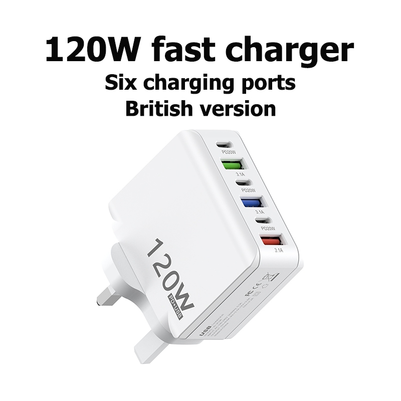 120W USB Charger 6 Ports 3 USB+3 Type C Fast Charge Phone Power Adapter ...