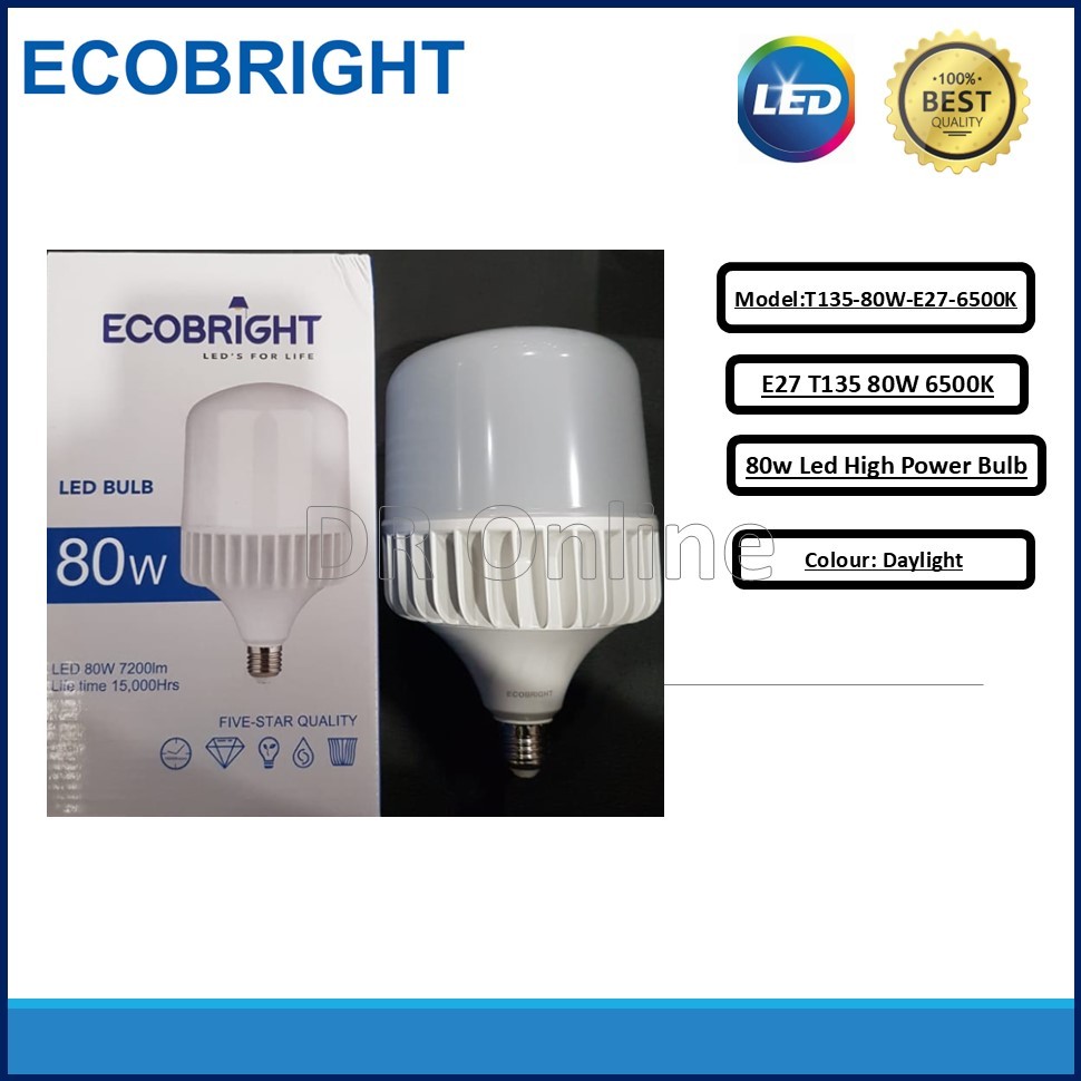 ECOBRIGHT 80W E27 T135 LED High Power Bulb 100-240VAC 6500K Daylight 50 ...