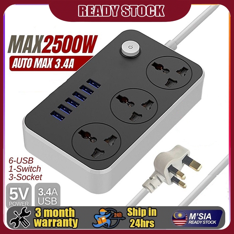 6 Port USB Power Strip-Universal Extension Plug with 3 Electric Sockets ...