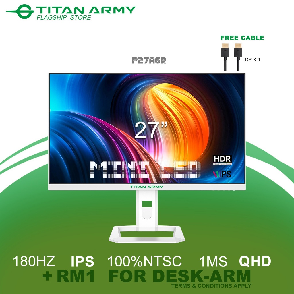 TITAN ARMY 27” MiniLED IPS QHD 2K 180Hz 1ms HDR1000 100%NTSC Adaptive Sync Rotatable White ...