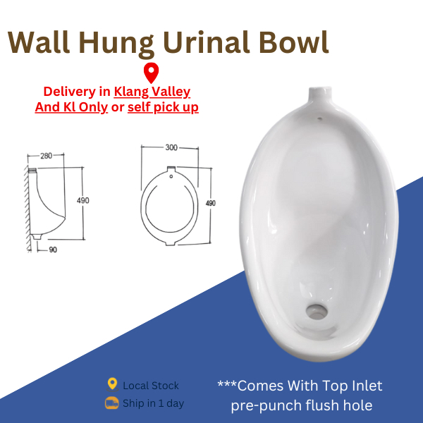ASHER 300MM Wall Hung White Urinal Bowl come with Top Inlet pre-punch ...