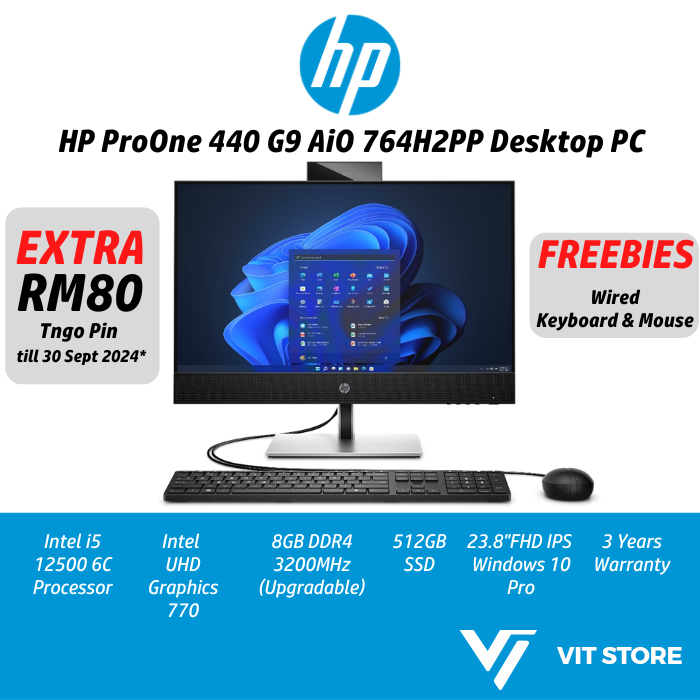 HP ProOne 440 G9 764H2PP 23.8" FHD Intel I5-12500 8GB 512GB SSD W10P ...