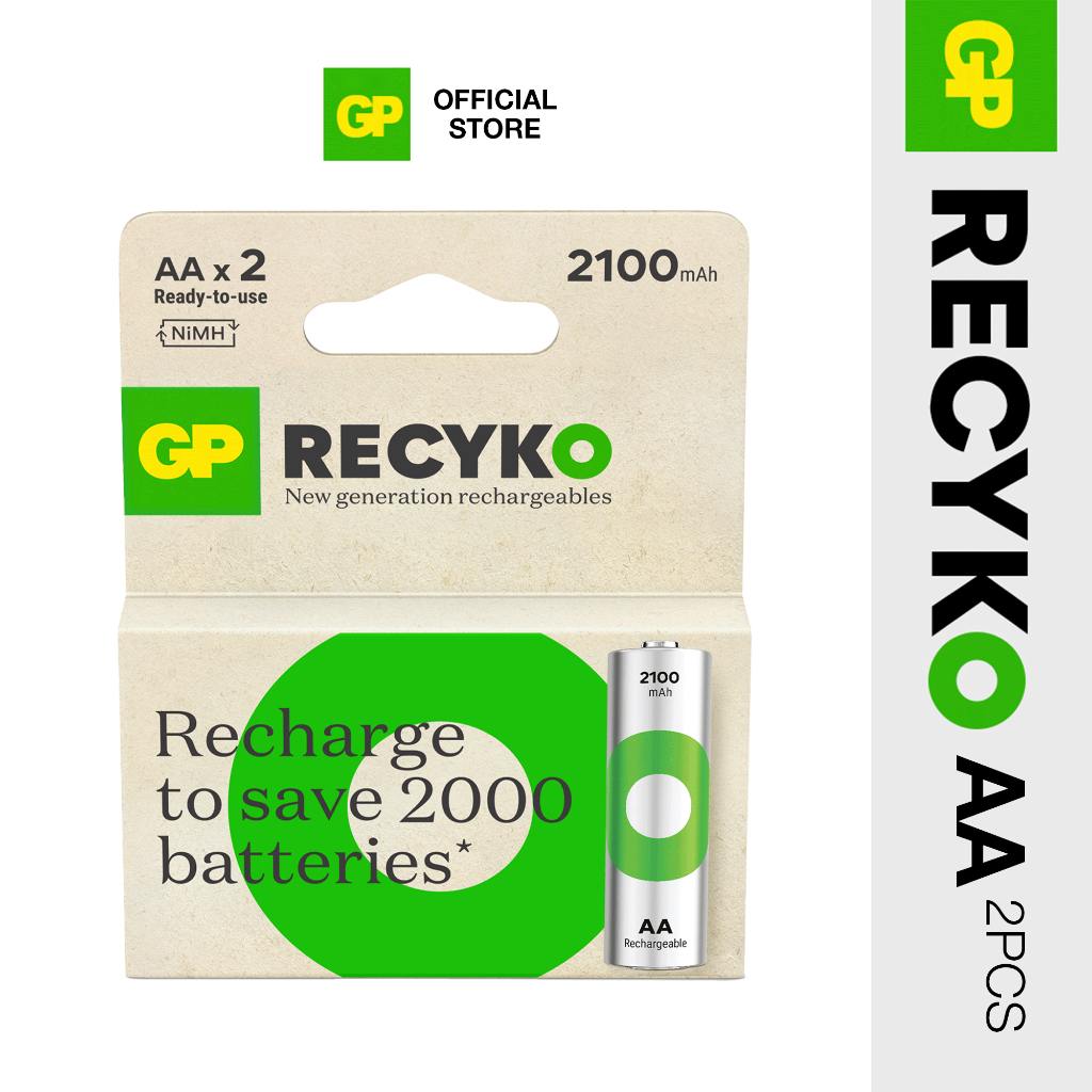 GP ReCyko 2100mAh AA Rechargeable Battery (2 batteries pack, Precharged ...