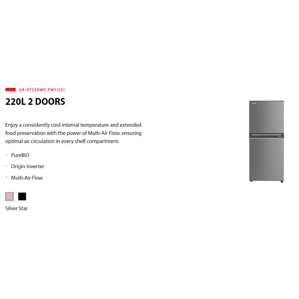 TOSHIBA 220L 2 Doors Refrigerator GR-RT230WE-PMY(SS) 5Star Energy ...
