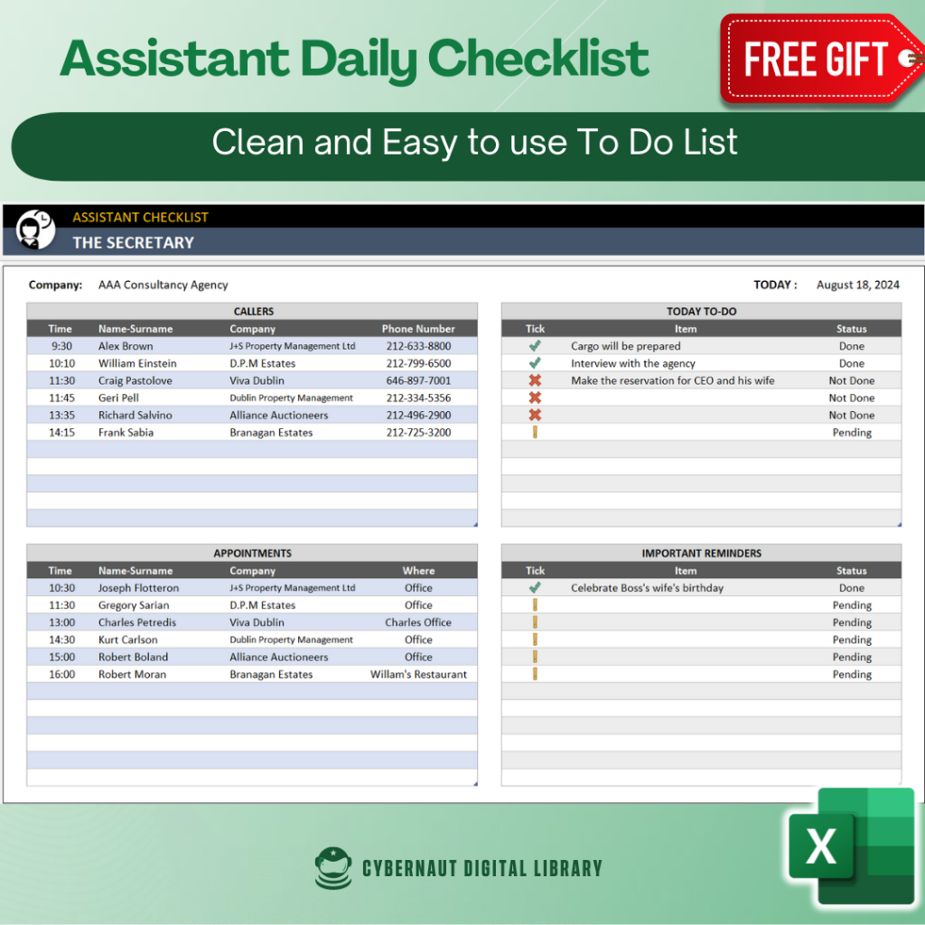 Excel Template - Assistant Daily Checklist Excel Template (Free 12-in-1 ...