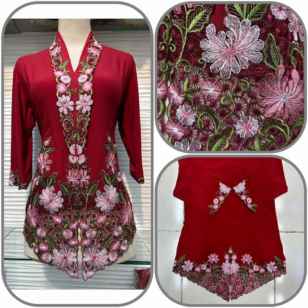【READY STOCK】Baju Kebaya Jersey Sulam Bunga - Warna Maroon (Lengan 3 ...