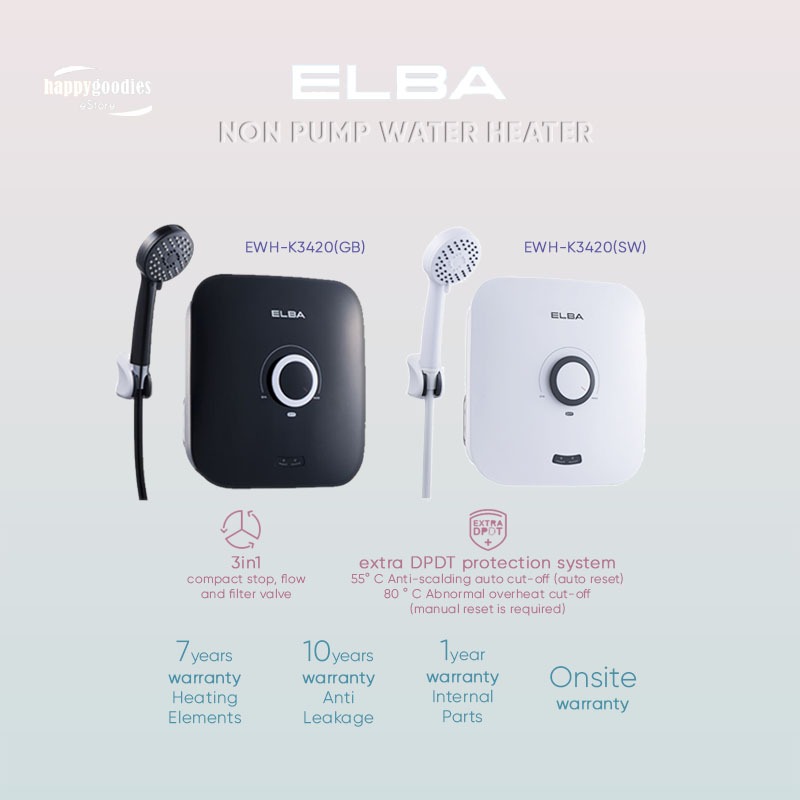 Elba Non Pump Instant Water Heater EWH-K3420(GB) / EWH-K3420(SW ...