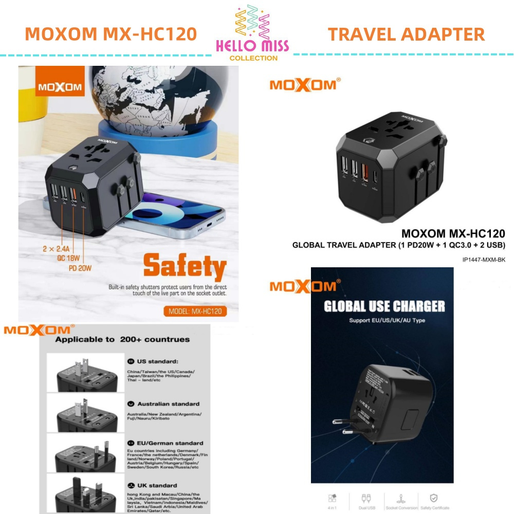 Moxom MX-HC120 PD20W QC18W 4-In-1 / MX-HC156 GaN PD33W Global Travel Adapter With USB Charger ...